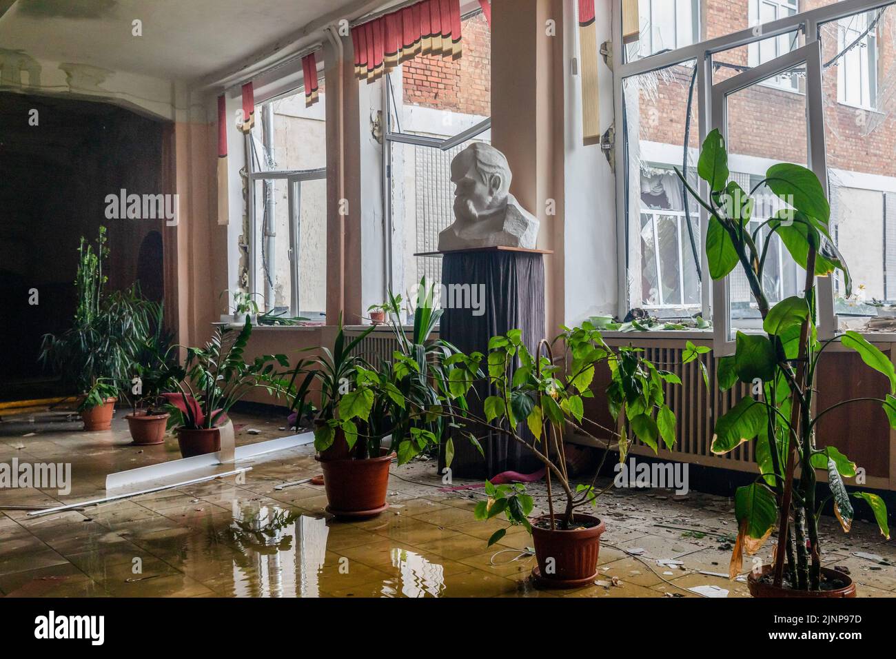 The flooded foyer of a specialized school after extinguishing a fire ...