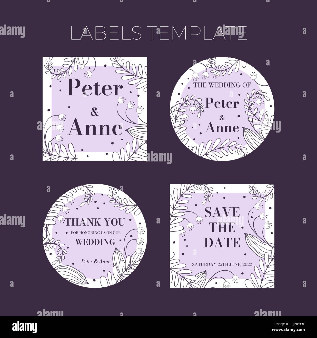 Floral wedding Labels template in hand drawn doodle style, invitation ...