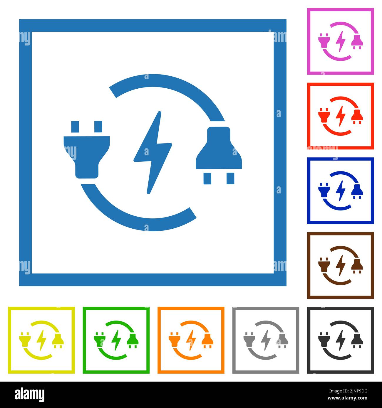 Electrical circuit with plug and cord flat color icons in square frames on white background ...