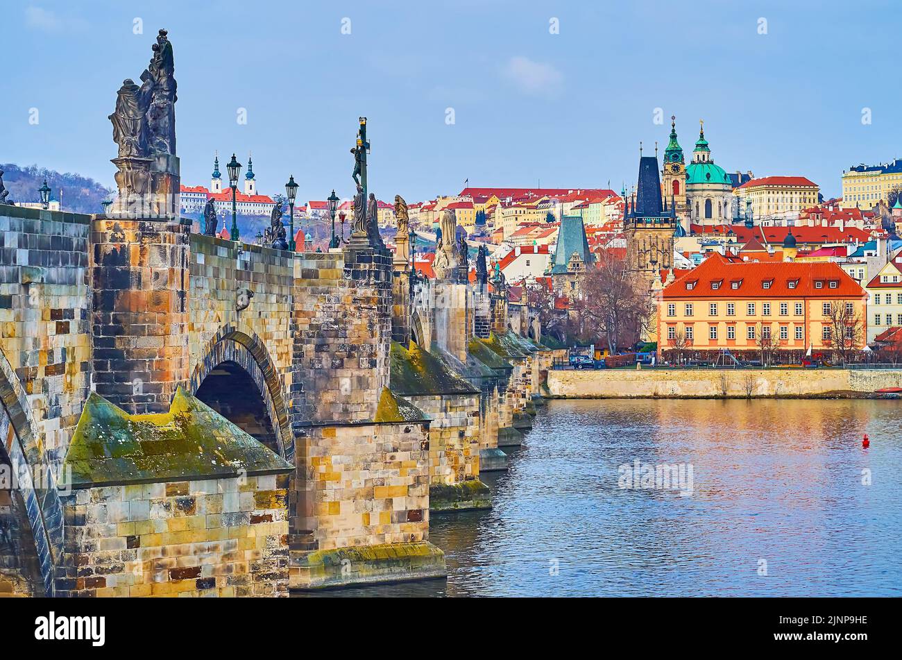 The skyline of Mala Strana from Vltava River with a view on Charles ...
