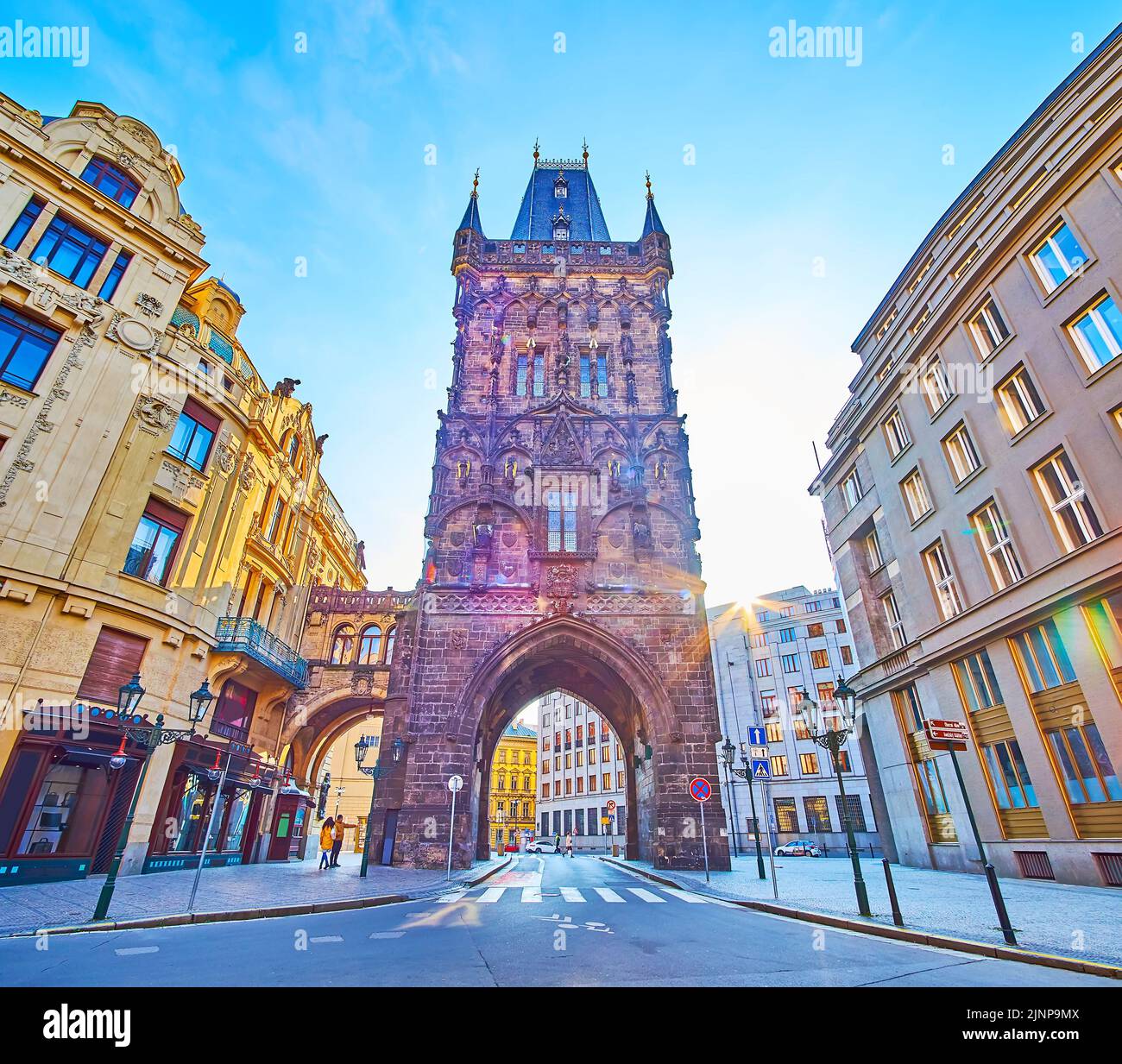 The facade of historic Powder Tower with a tiny skybridge, connecting ...