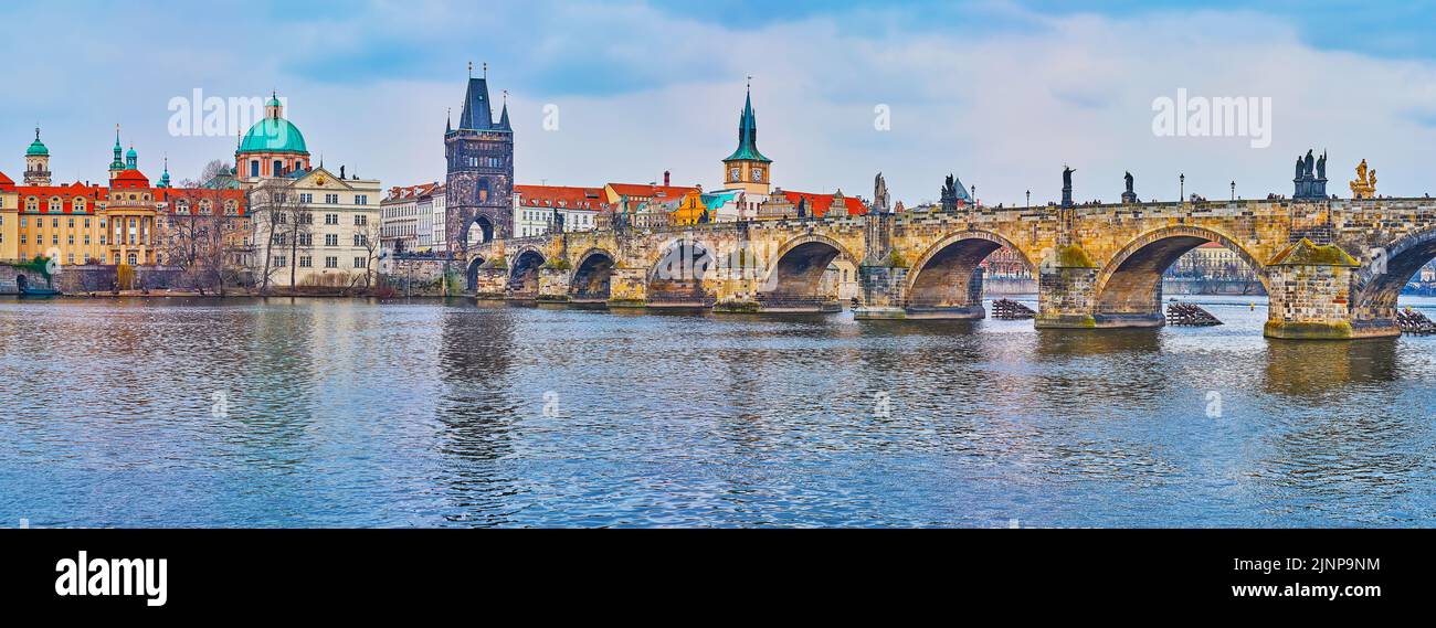 Iconic medieval city of Prague with Vltava River, Charles Bridge, domes ...