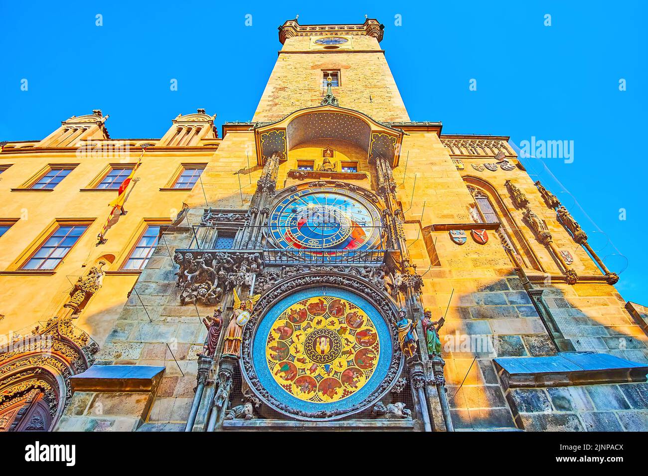 The medieval Prague Orloj astronomical clock on the wal of Old Town Hall tower, Old Town Square ...