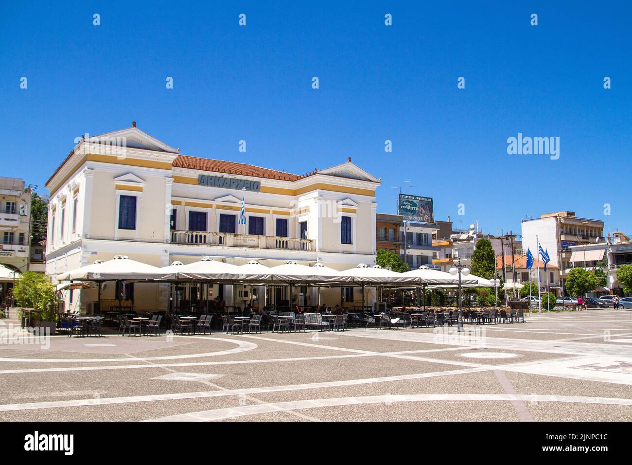 Sparta, Greece, July 20, 2022.The center of Sparta with the City Hall ...
