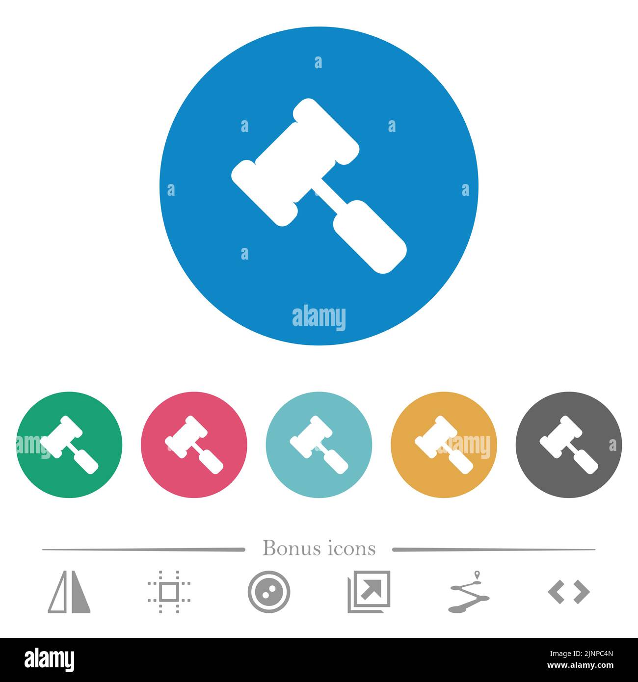 Judge hammer flat white icons on round color backgrounds. 6 bonus icons ...