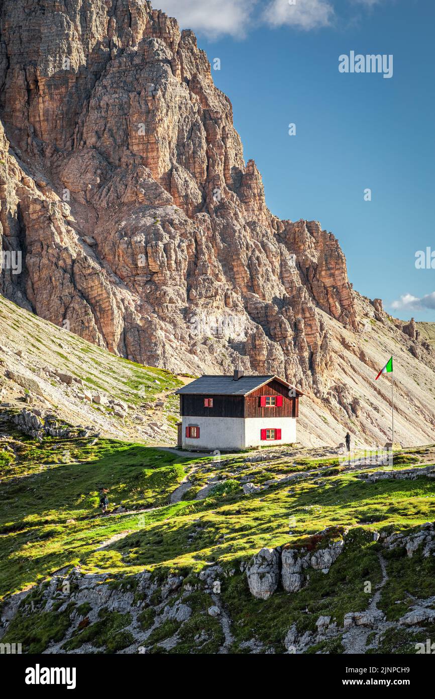 Mountain shelter Dreizinnen hut in Dolomites in Italy, Europe Stock ...
