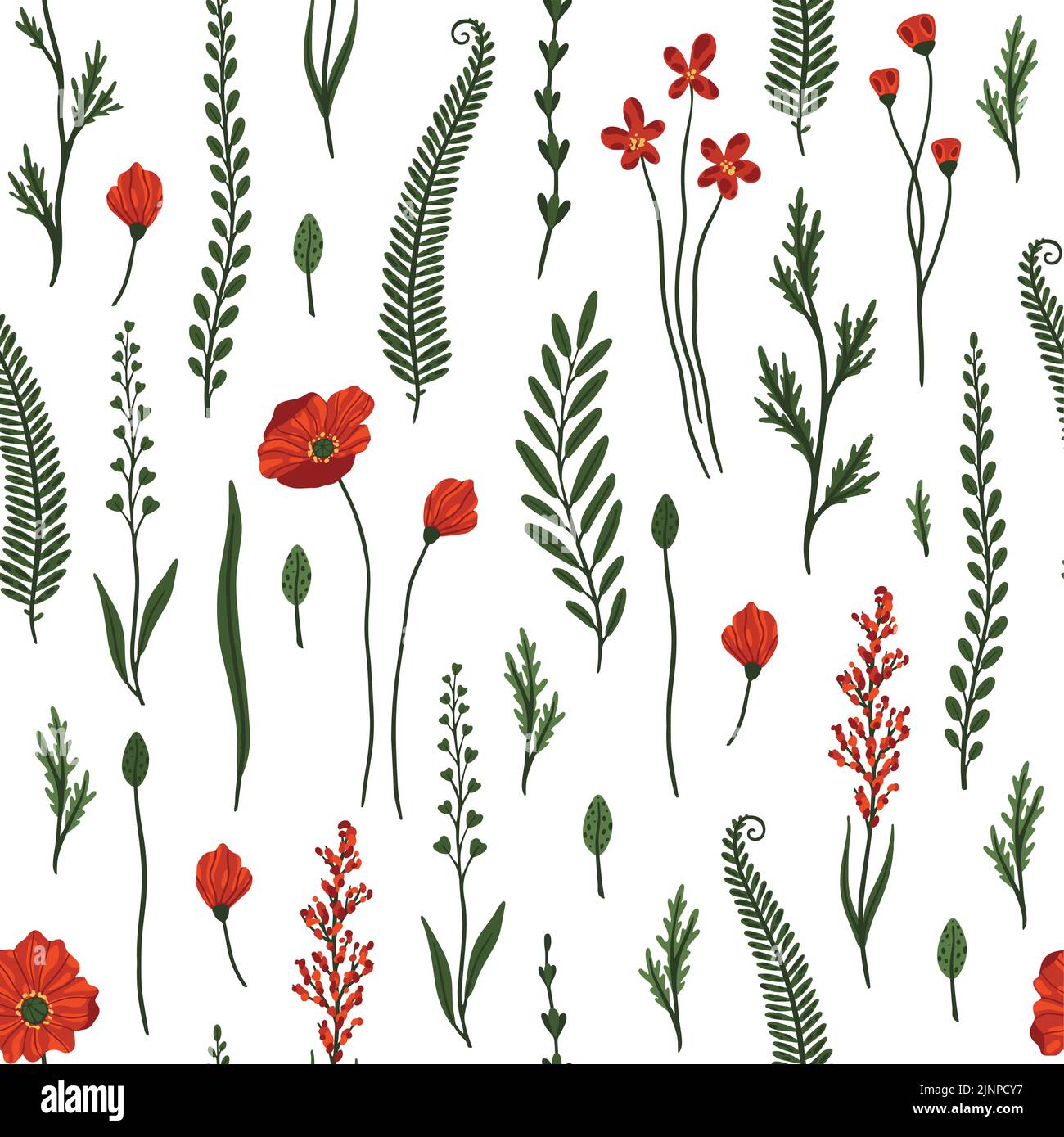 Red poppy florals and garden flowers. Seamless pattern illustration ...