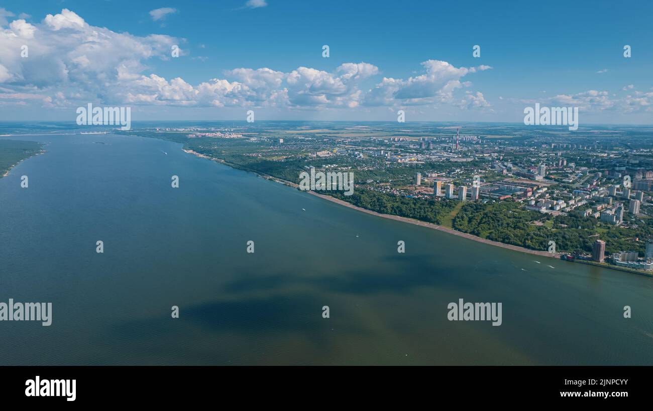Scenic general aerial view of Cheboksary cityscape on banks of Volga ...