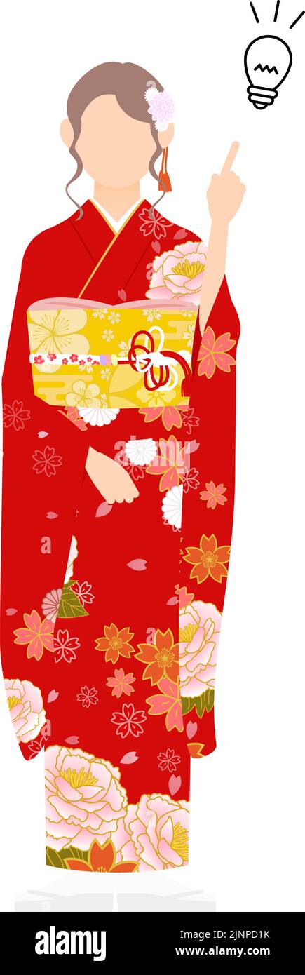 A woman in kimono, wearing a furisode (long-sleeved kimono)Pointing and ...