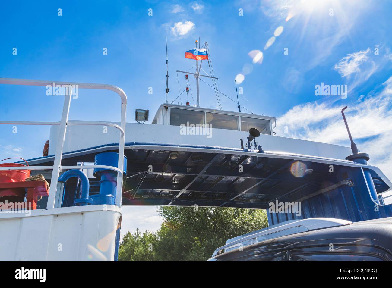 Bottom view of the ro-ro type of ferry that operates on a river for ...
