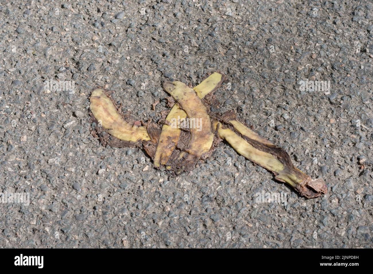 Discarded yellow banana skin / banana peel thrown onto tarmac country ...