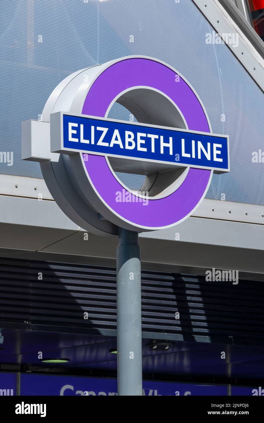 London Underground tube station sign for the Elizabeth Line at Canary ...