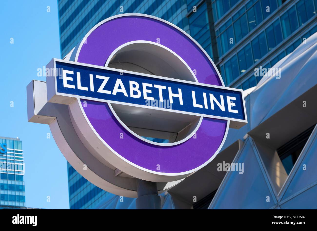 London Underground tube station sign for the Elizabeth Line at Canary ...