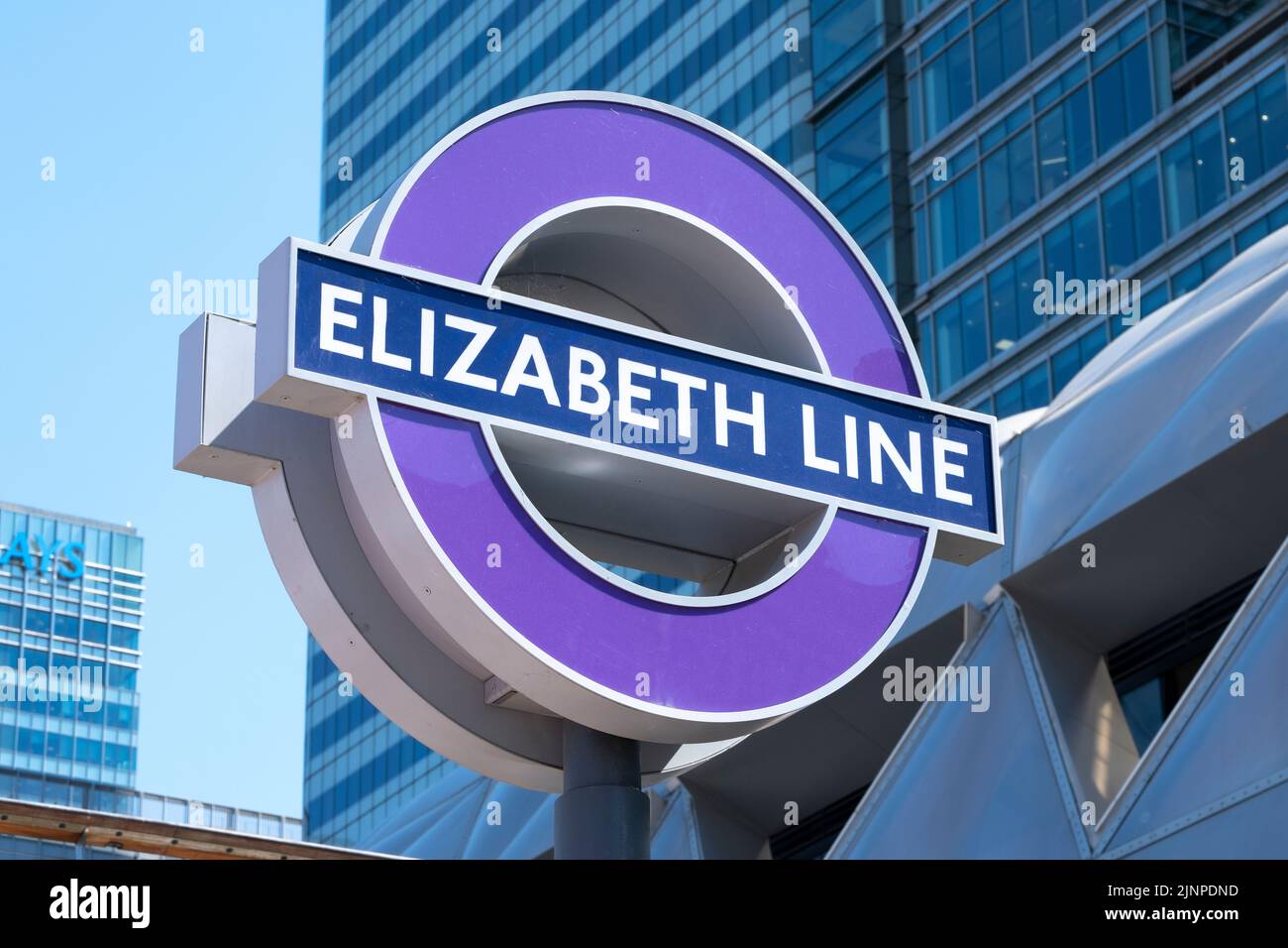 London Underground tube station sign for the Elizabeth Line at Canary ...