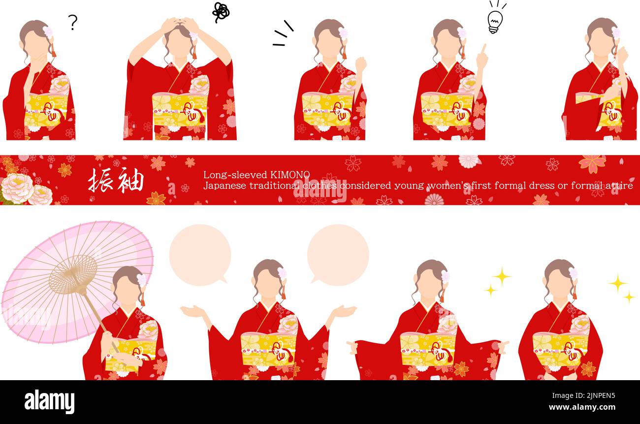 Posed set of women in kimono, kimono, and furisode sleeves.Questioning ...