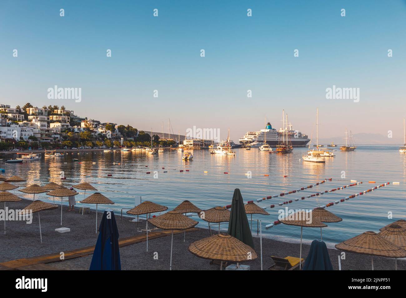 Panoramic View of Bodrum Beach, Aegean sea, traditional white houses ...