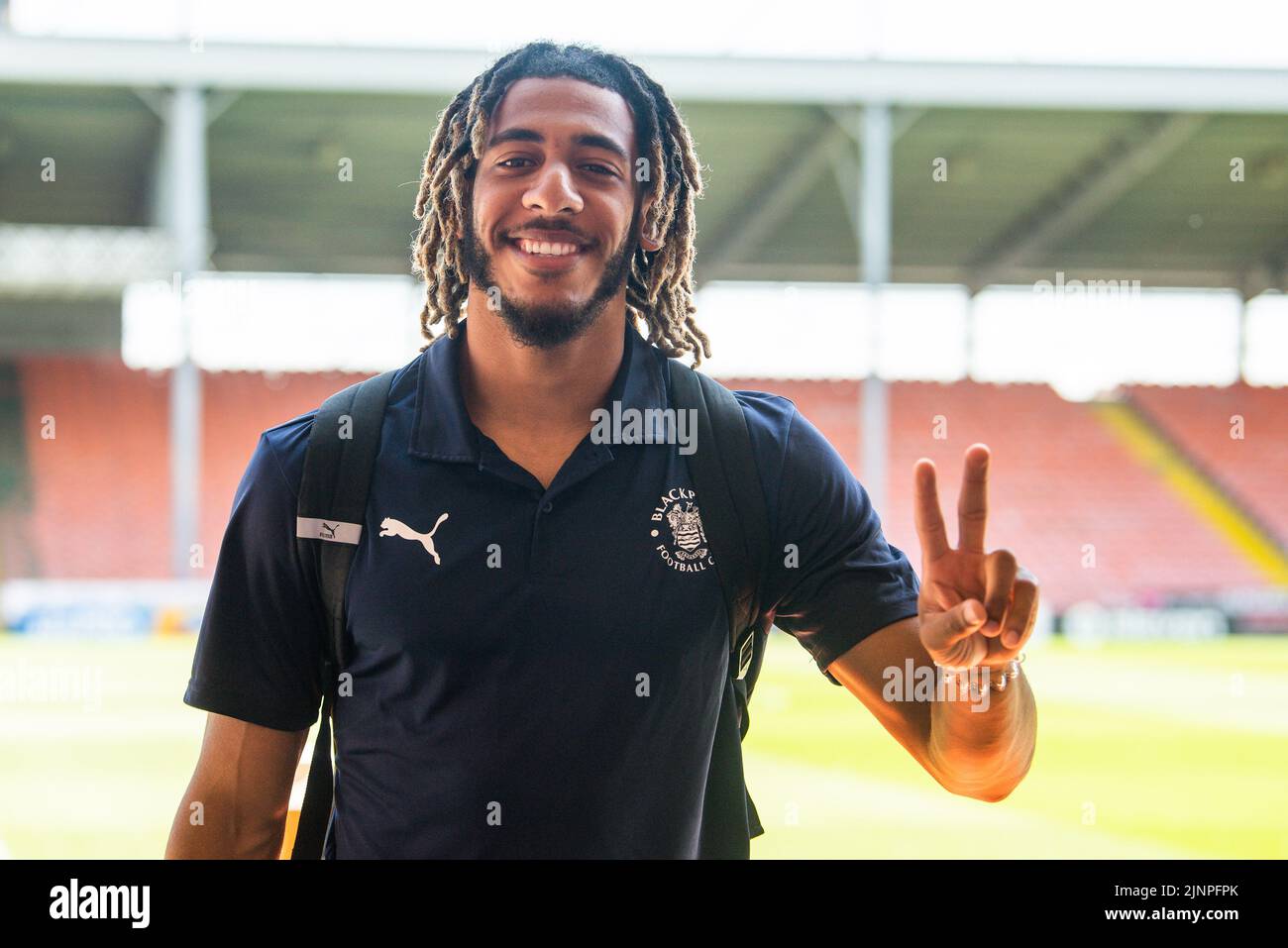 Dominic Thompson #23 of Blackpool arrives at Bloomfield Road ahead of ...