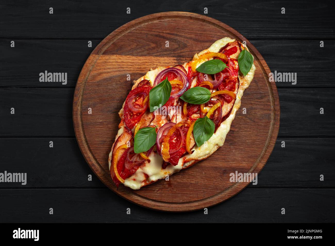 Gluten-Free Pizza Flatbread. Top view. Pizza on a flatbread with ...