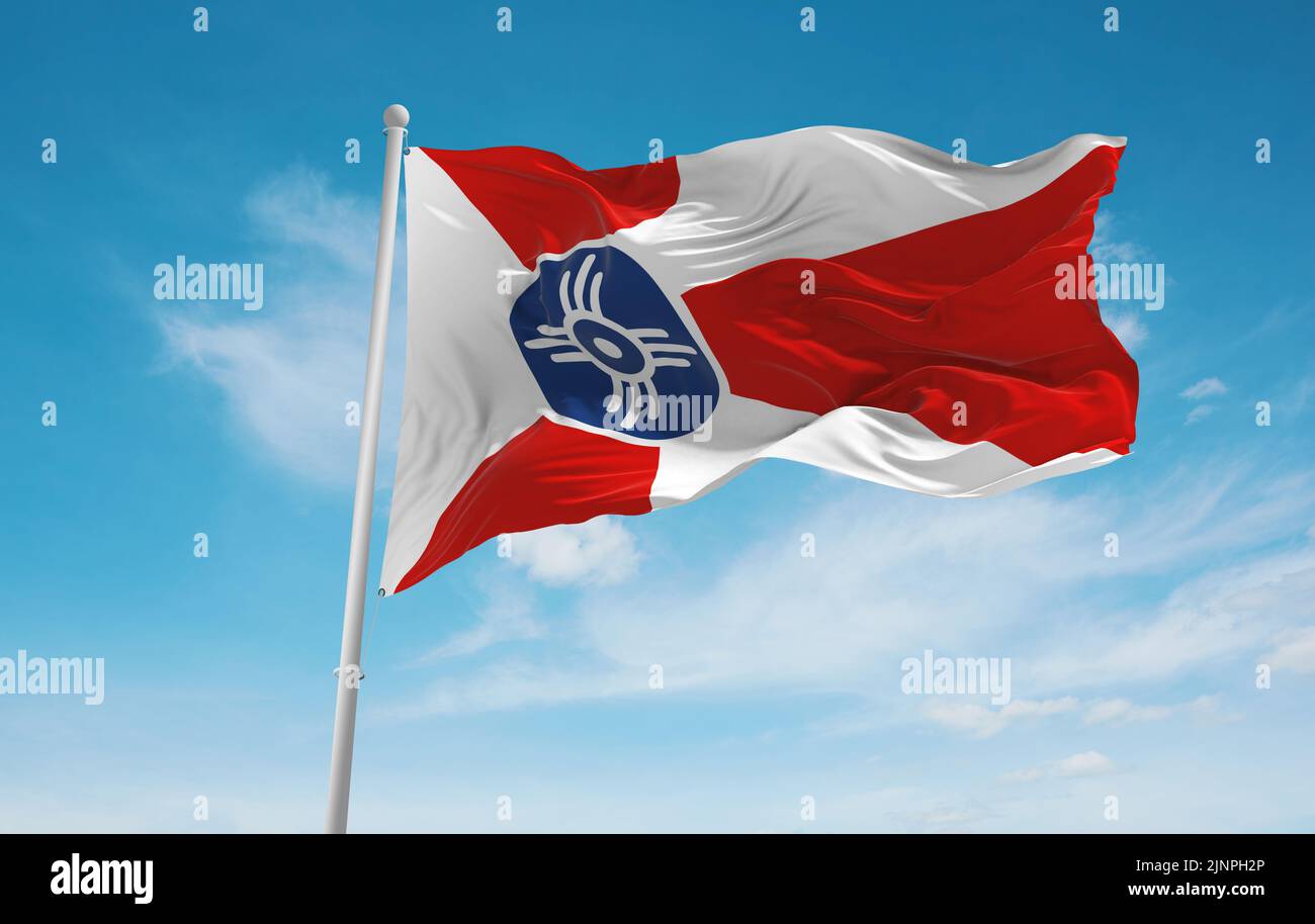 official flag of Wichita, Kansas untied states of America at cloudy sky ...