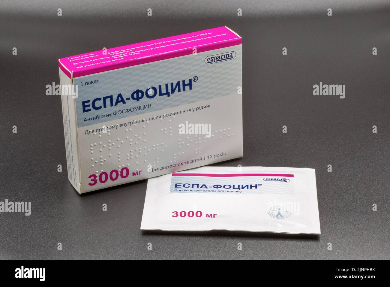 Kyiv, Ukraine - June 26, 2021: Espa-focyn fosfomycin closeup on blachk ...