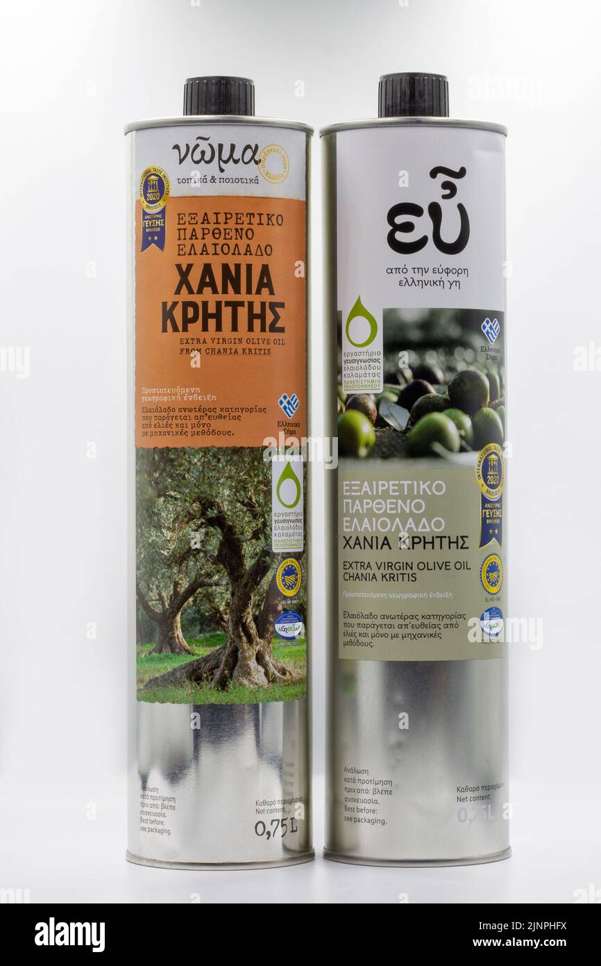 Corfu, Greece - August 15, 2021: Studio shoot of Xania Crete olive oil ...