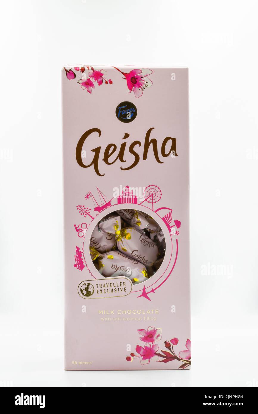 Corfu, Greece - August 15, 2021: Fazer traditional pink Geisha milk ...