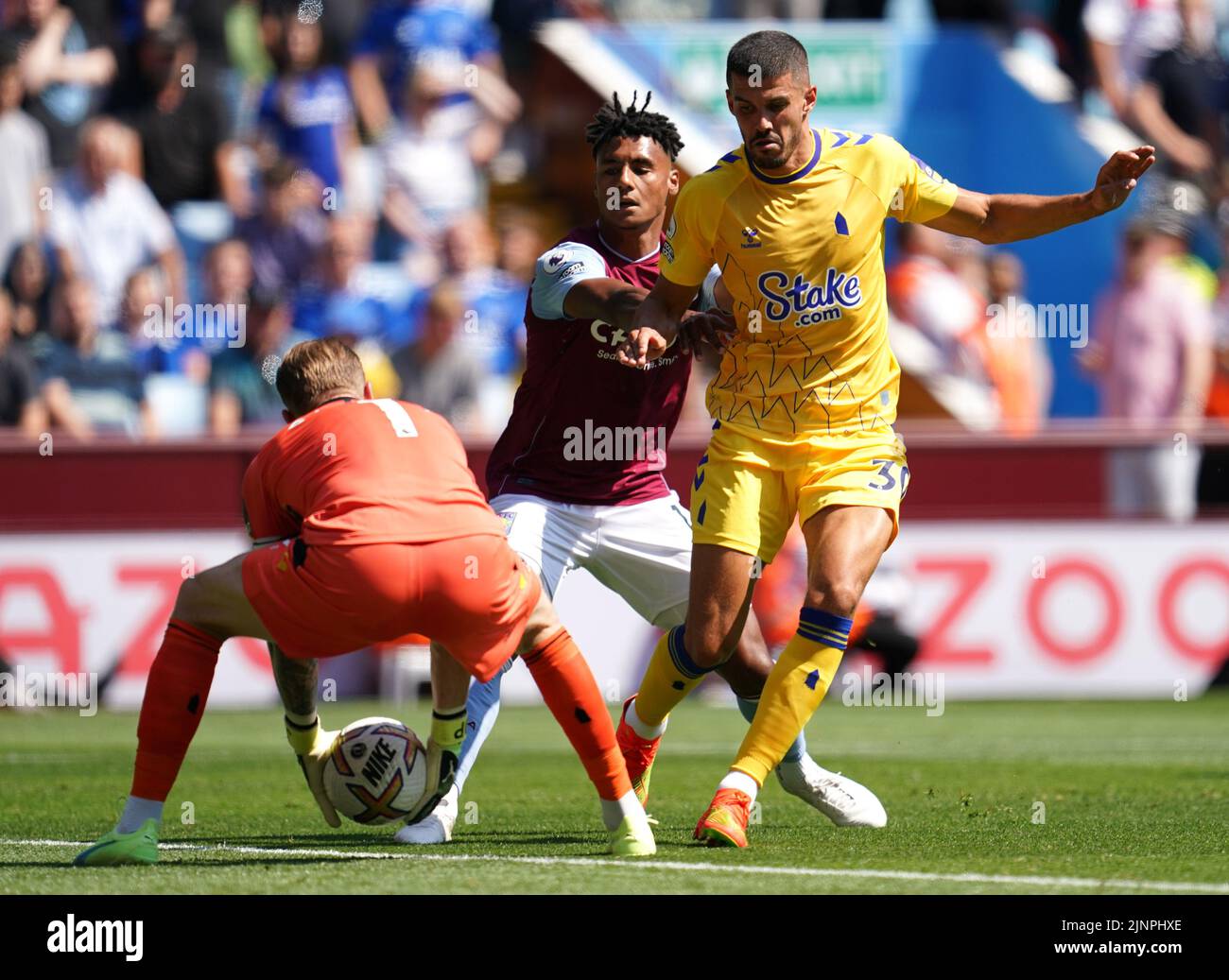 Everton goalkeeper Jordan Pickford, Aston Villa's Ollie Watkins and ...