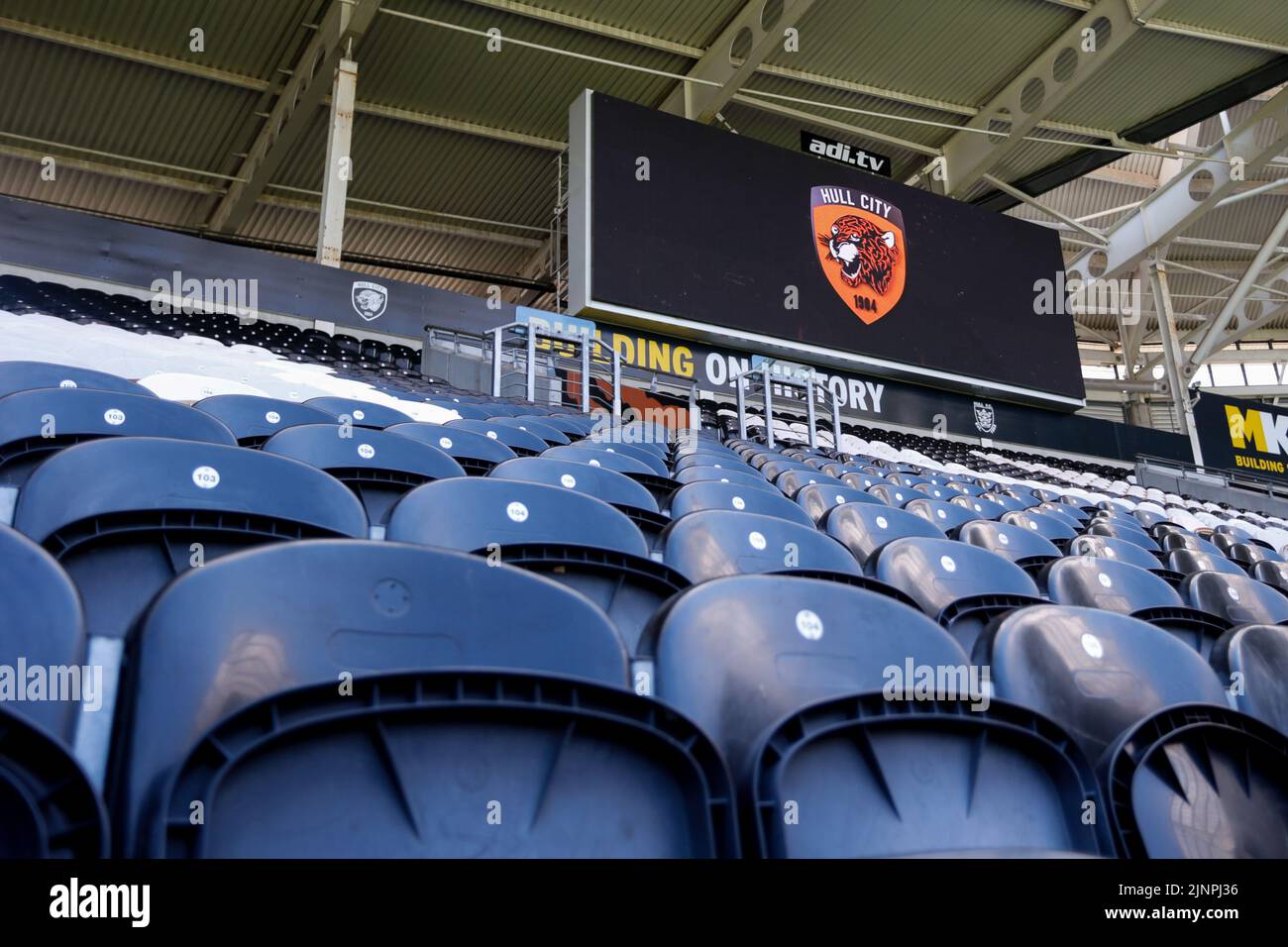 Hull, UK. 13th Aug, 2022. Hull City crest is shown on a big LED screen ...