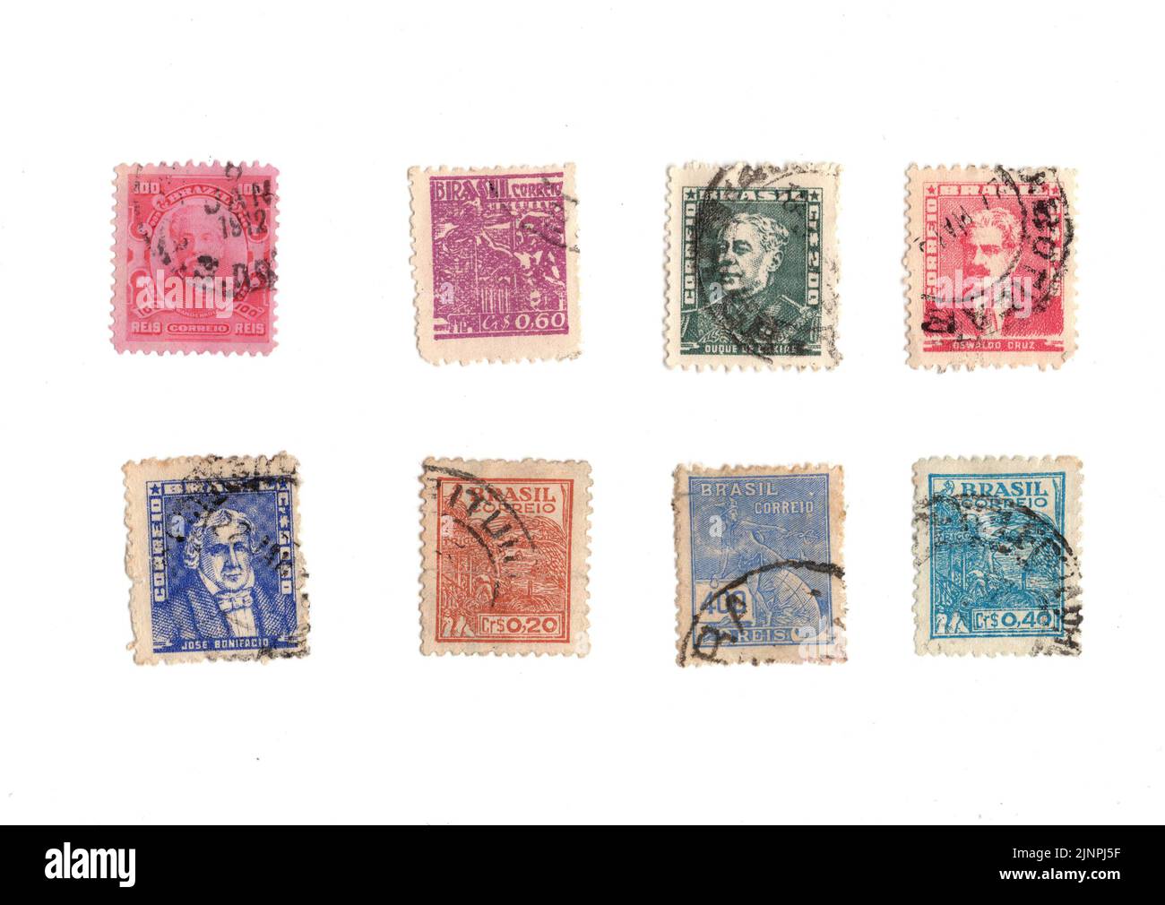 A selection of old postage stamps from Brazil on a white background ...