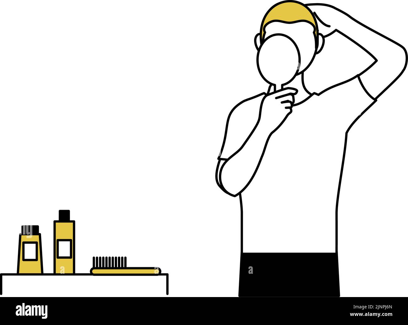 AGA Male pattern baldness man checking thinning hair with a hand mirror ...