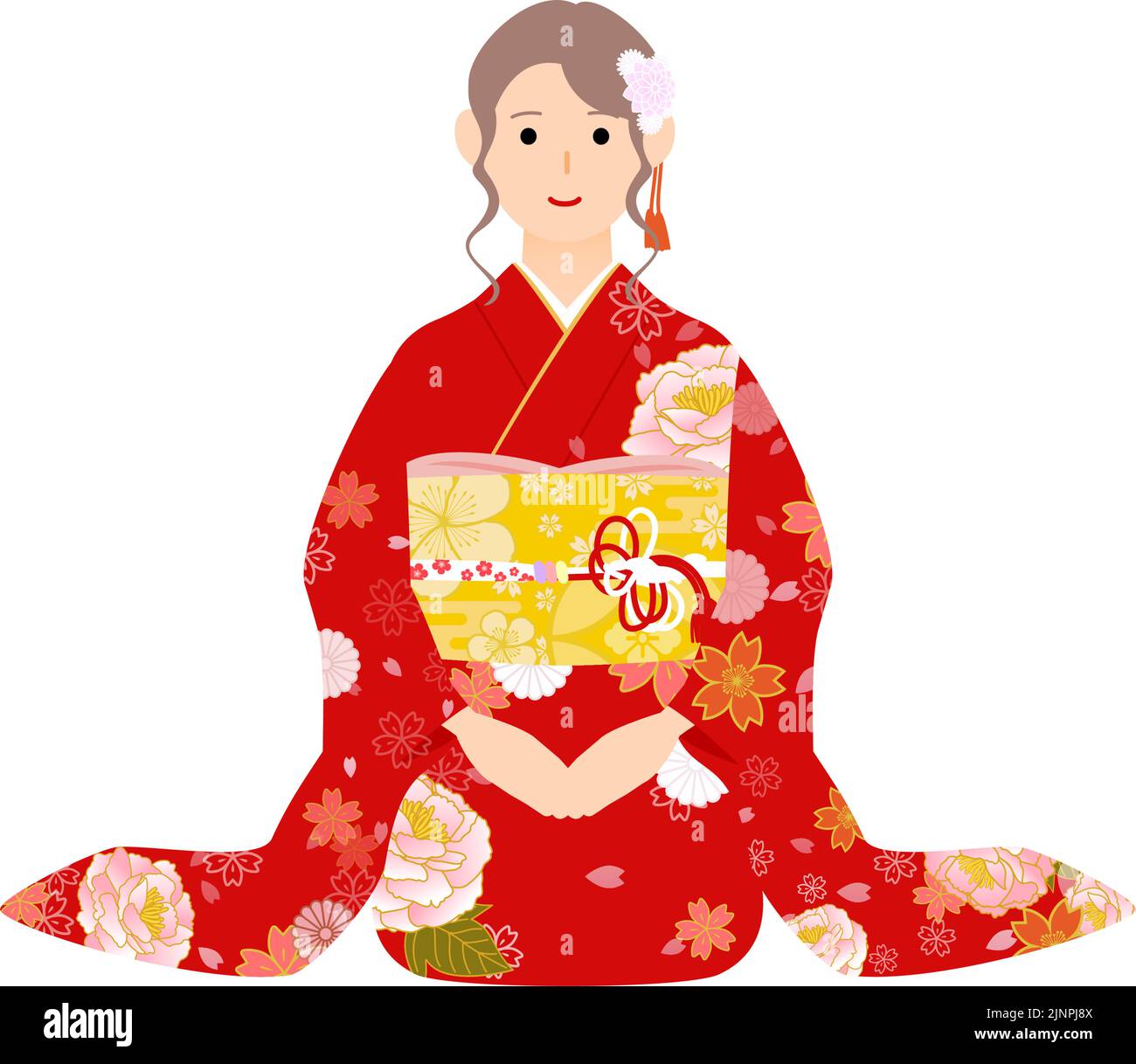 Woman in kimono (furisode) sitting on the floor greeting the New Year ...