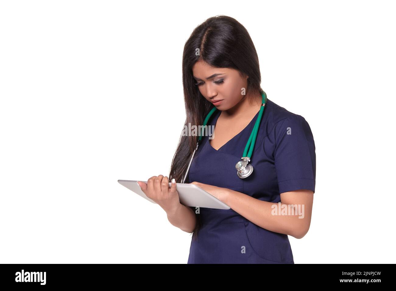 Young pretty doctor with a stethoscope and a medical history in her ...