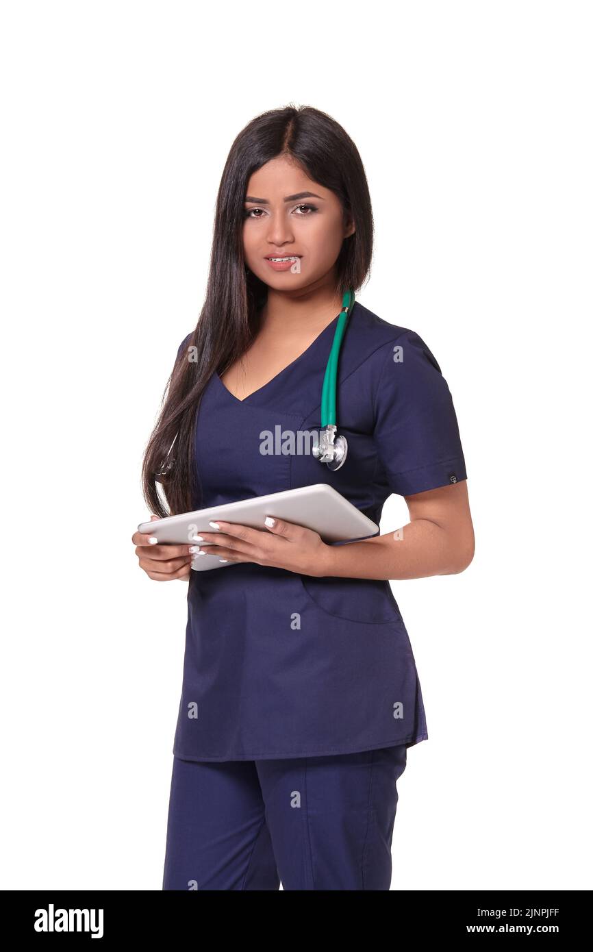 Young pretty doctor with a stethoscope and a medical history in her ...