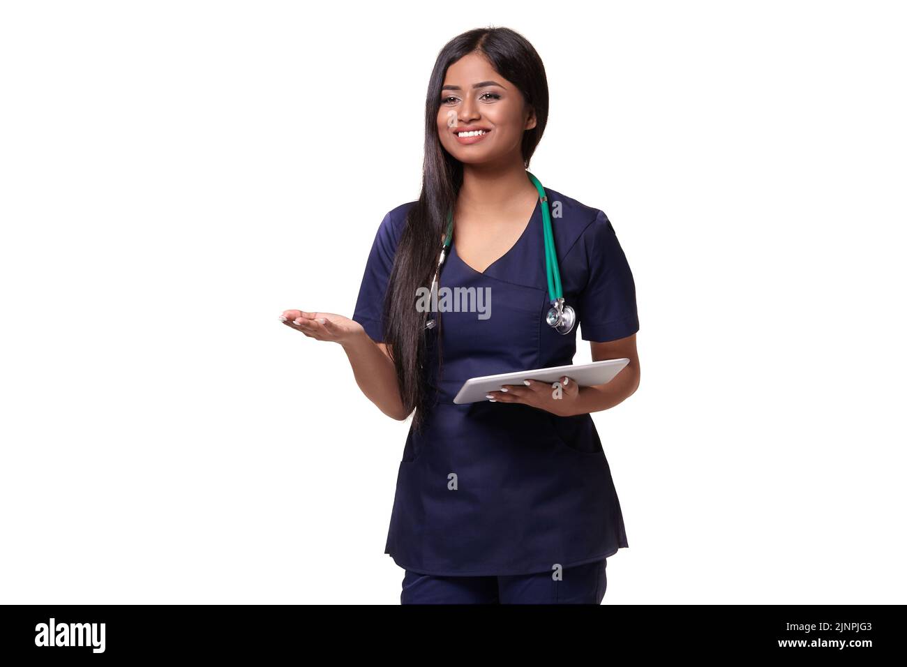 Young pretty doctor with a stethoscope and a medical history in her ...