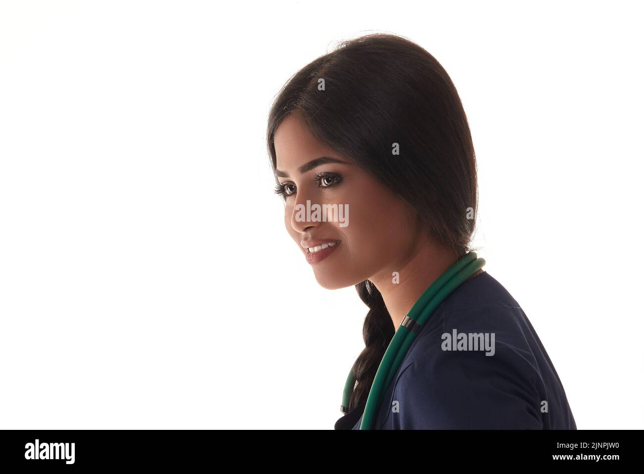 Beautiful brunette doctor in a blue robe isolated on white Stock Photo ...