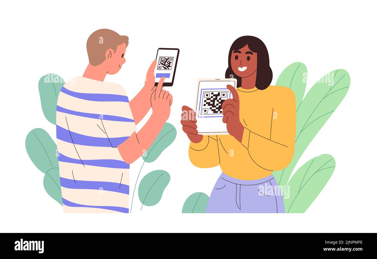 Woman shows QR code, man scans it Stock Vector Image & Art - Alamy