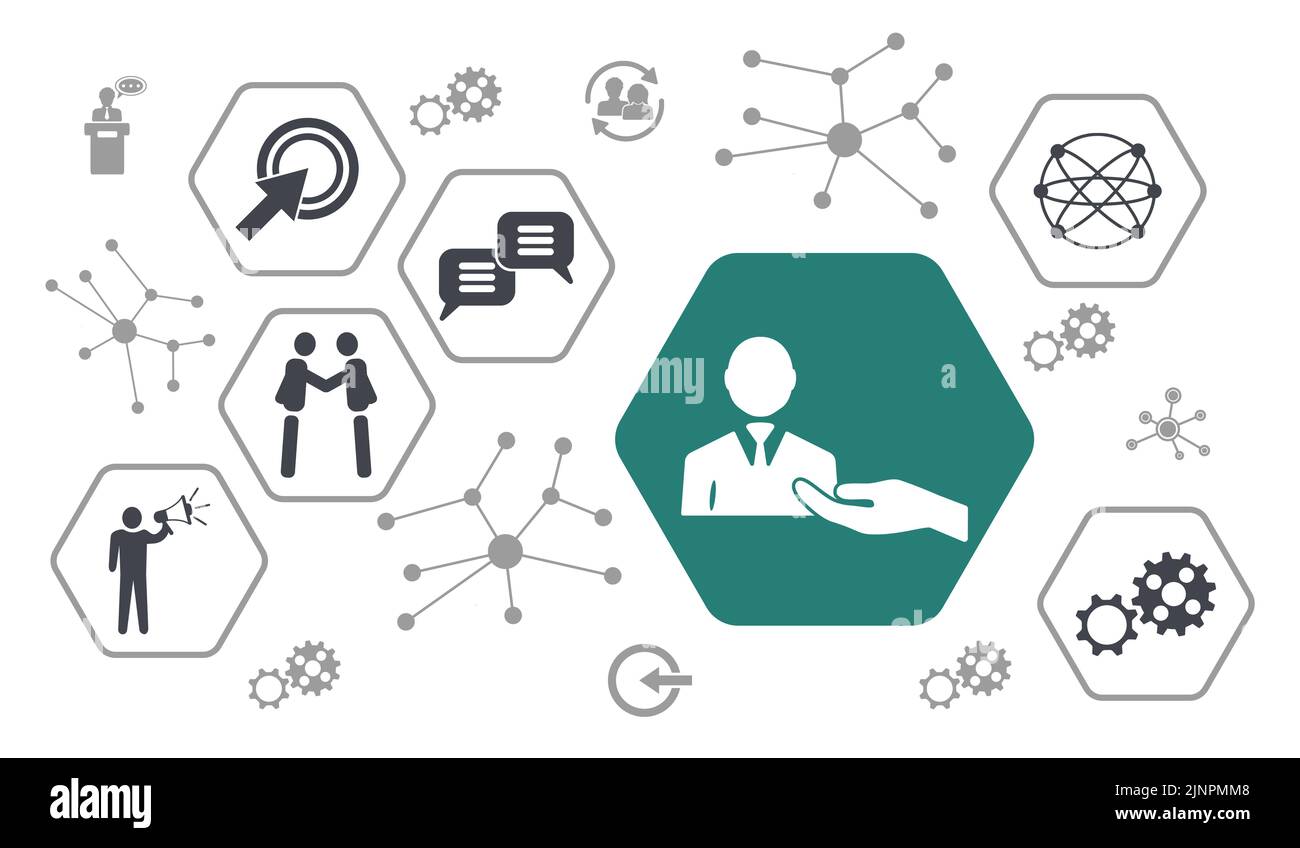 Concept of introduction with icons in hexagons Stock Photo - Alamy