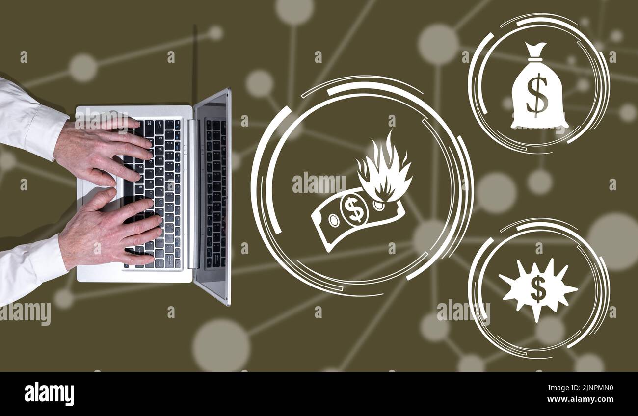 Top view of hands using laptop with symbol of inflation concept Stock ...