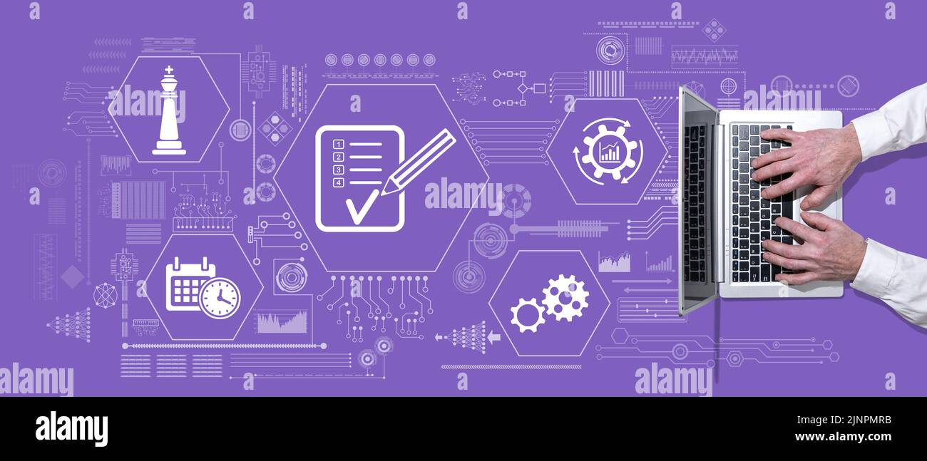 Top view of hands using laptop with symbol of action plan concept Stock ...