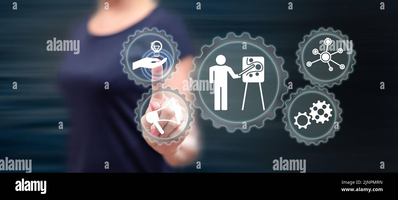 Woman touching a coaching concept on a touch screen with her finger ...