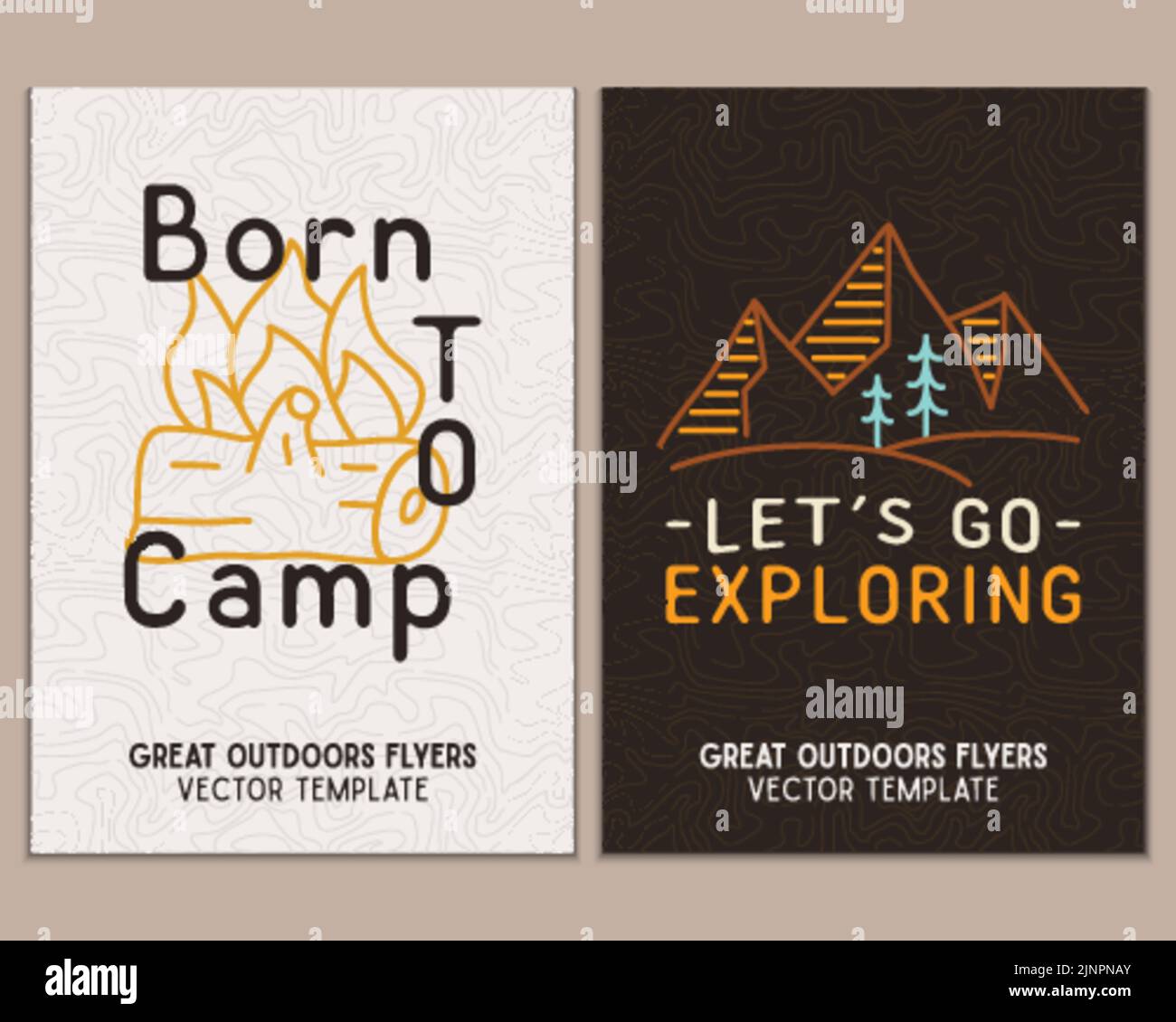 Camping flyer templates. Travel adventure posters set with line art and ...