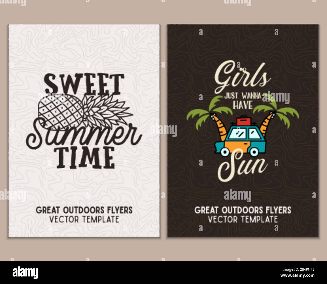 Camping flyer templates. Travel adventure posters set with line art and ...