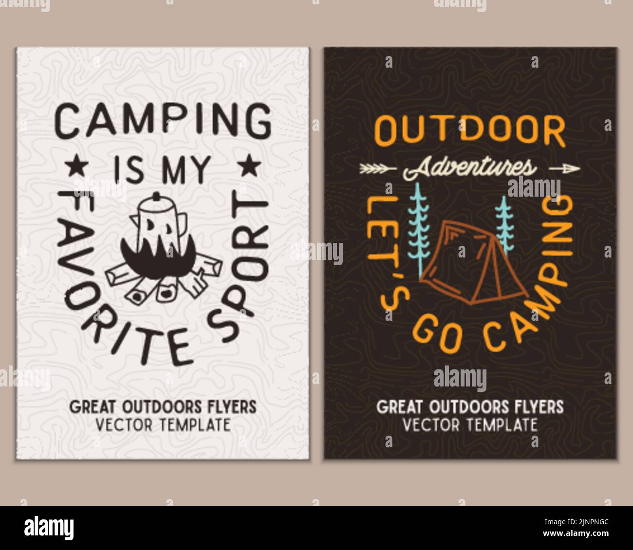 Camping flyer templates. Travel adventure posters set with line art and ...