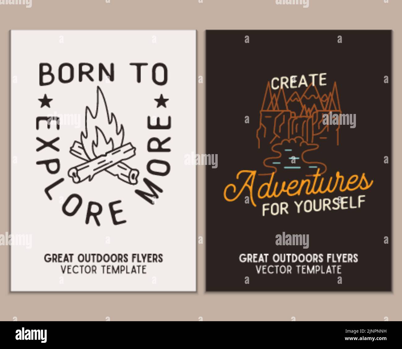 Camping flyer templates. Travel adventure posters set with line art and ...