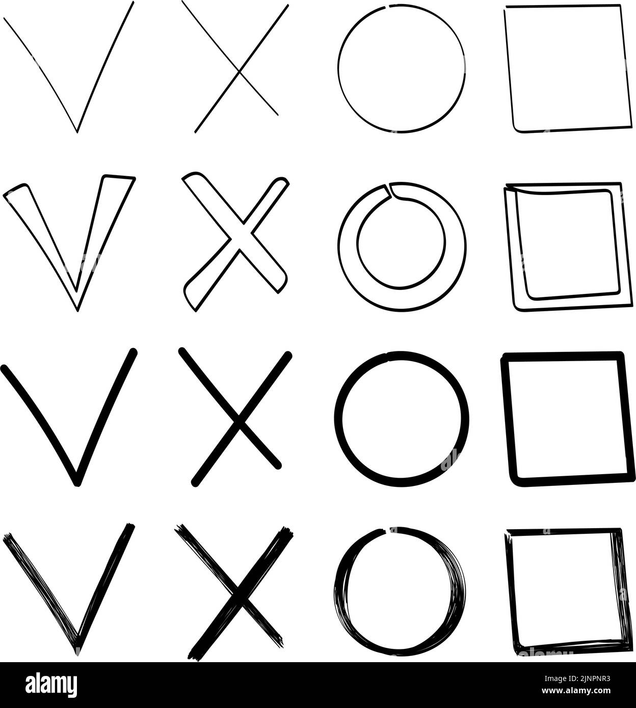 A set of ticks, crosses, circle marks and squares, hand-drawn doodles ...