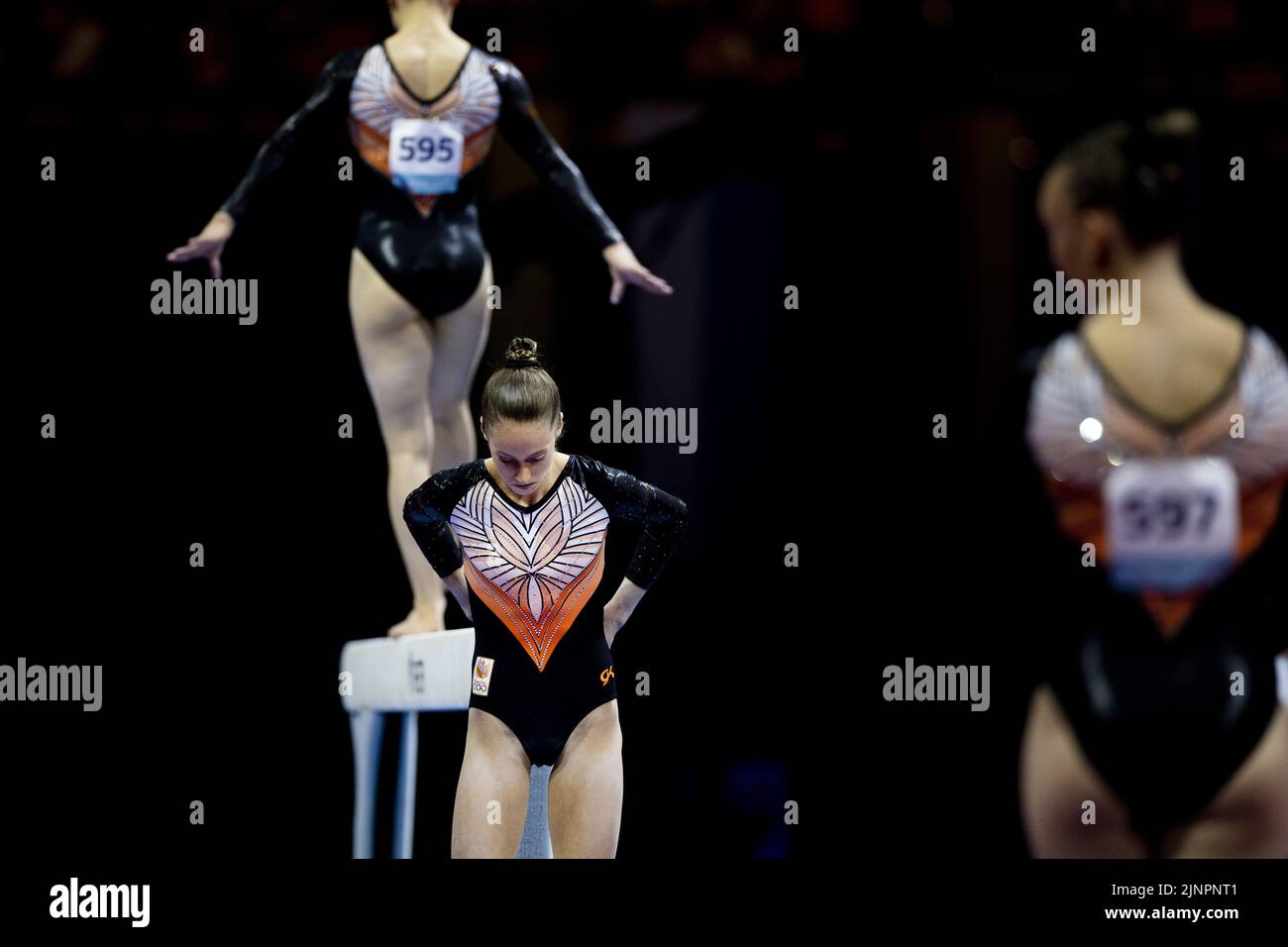 MUNICH - Naomi Visser (center) in action during the gymnastics team ...