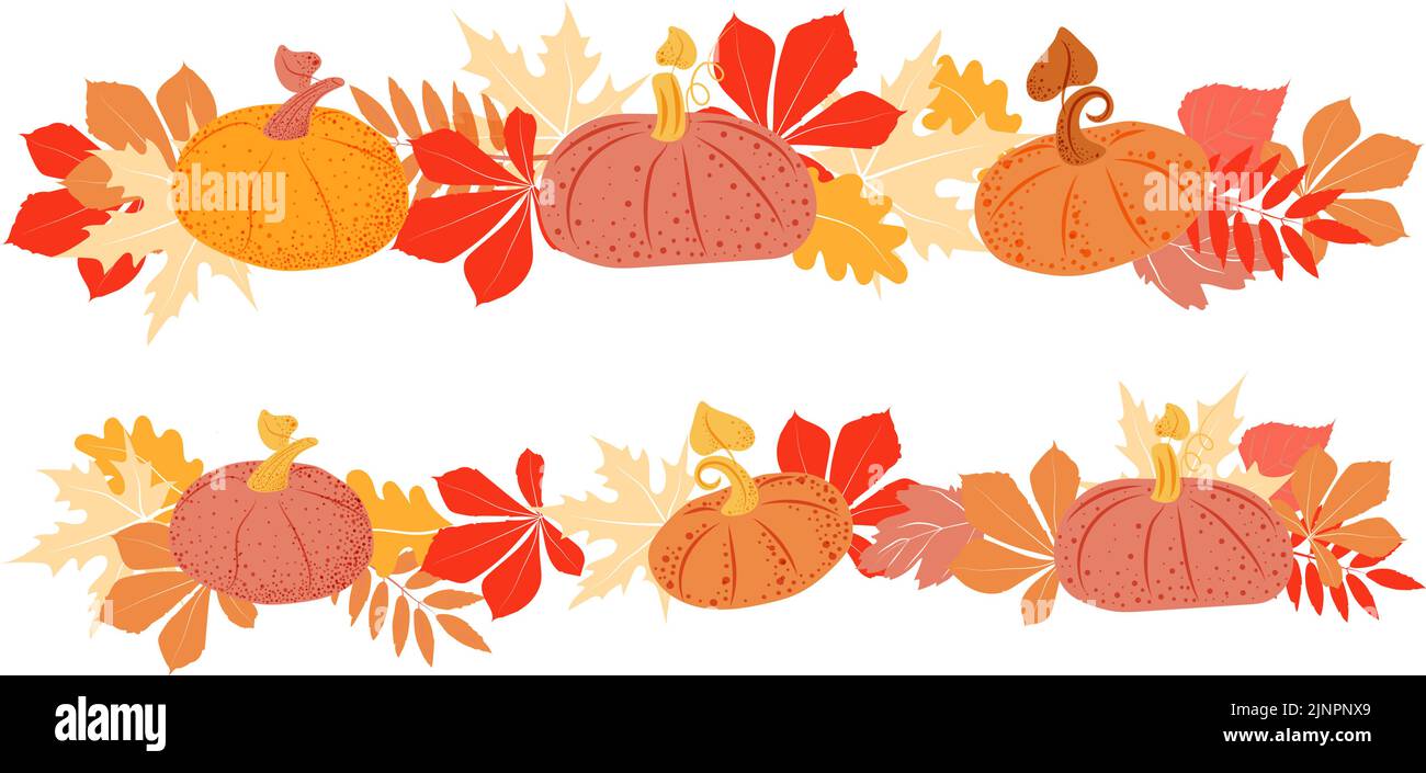 Hand-drawn border of pumpkins and autumn leaves. Autumn. Leaves of ...