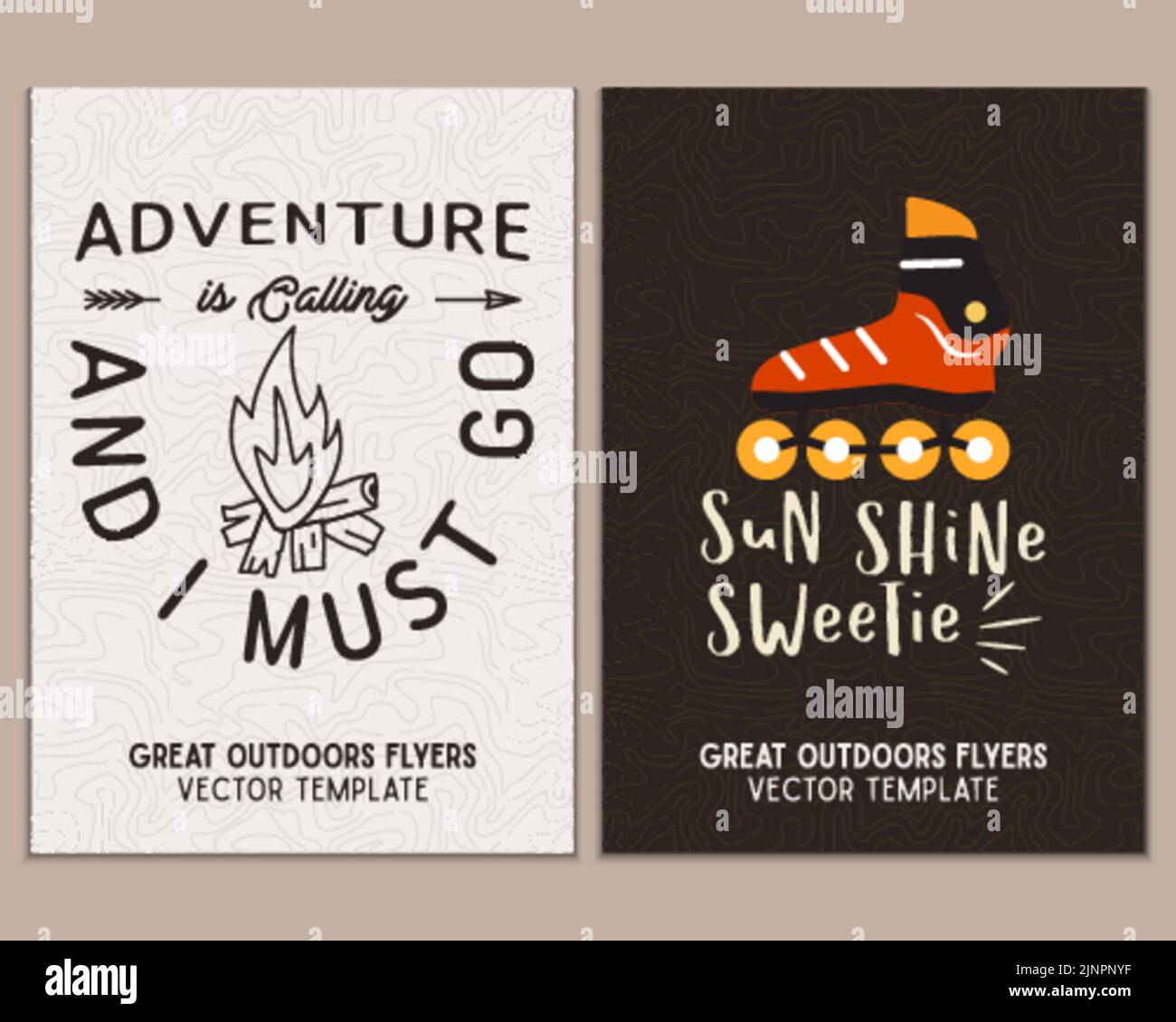 Camping flyer templates. Travel adventure posters set with line art and ...