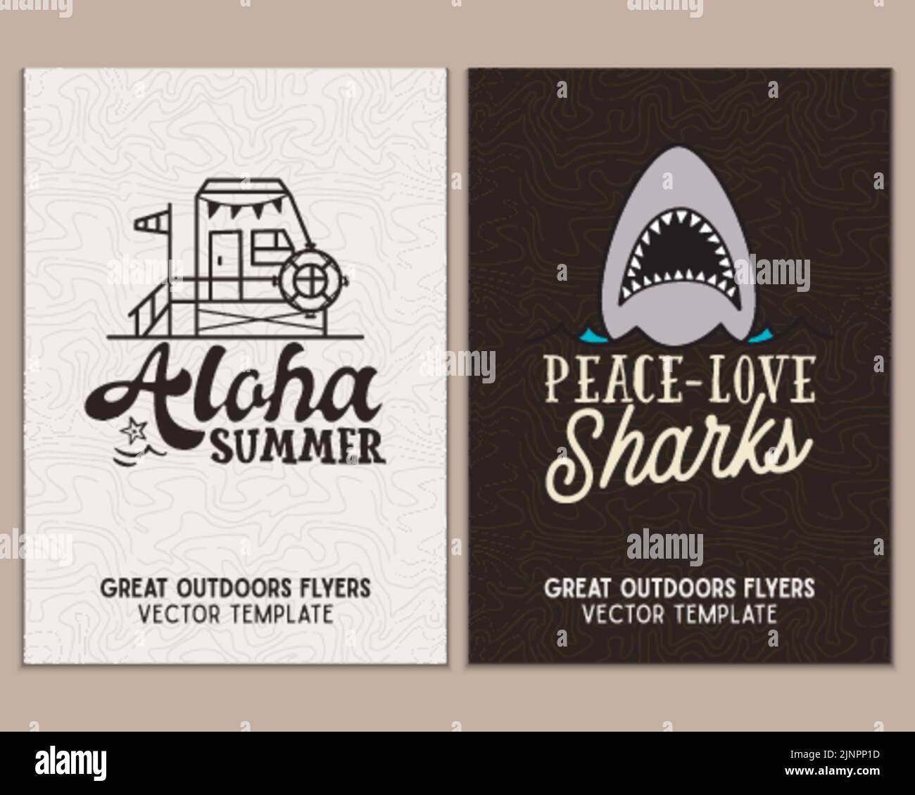 Camping flyer templates. Travel adventure posters set with line art and ...