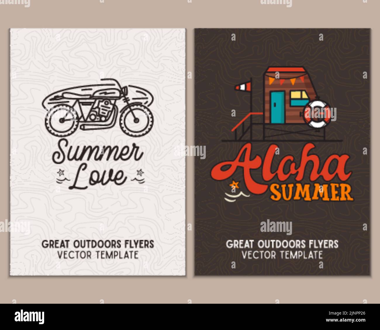 Camping flyer templates. Travel adventure posters set with line art and ...